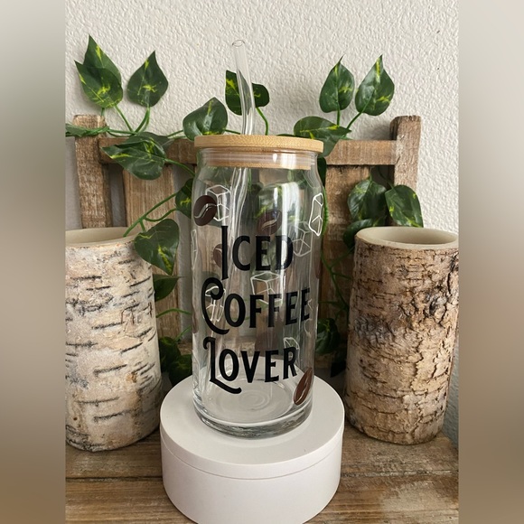 Dining | Iced Coffee Lover Glass Beer Can With Bamboo Lid Straw | Poshmark